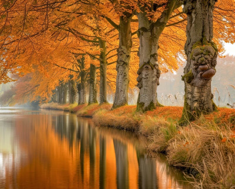 Line of oak trees in fall stock illustration. Illustration of autumn ...