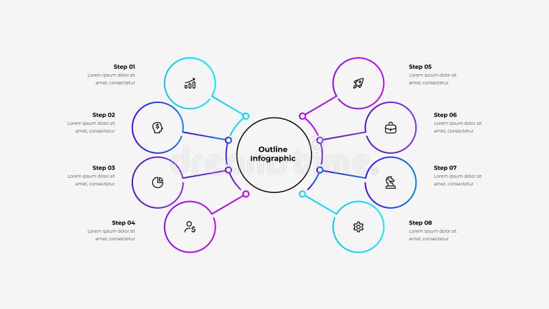 Line Organization Chart with Eight Options, Steps or Processes. Center ...