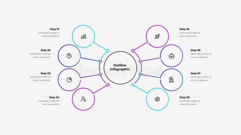 Line Organization Chart with Eight Options, Steps or Processes. Center ...