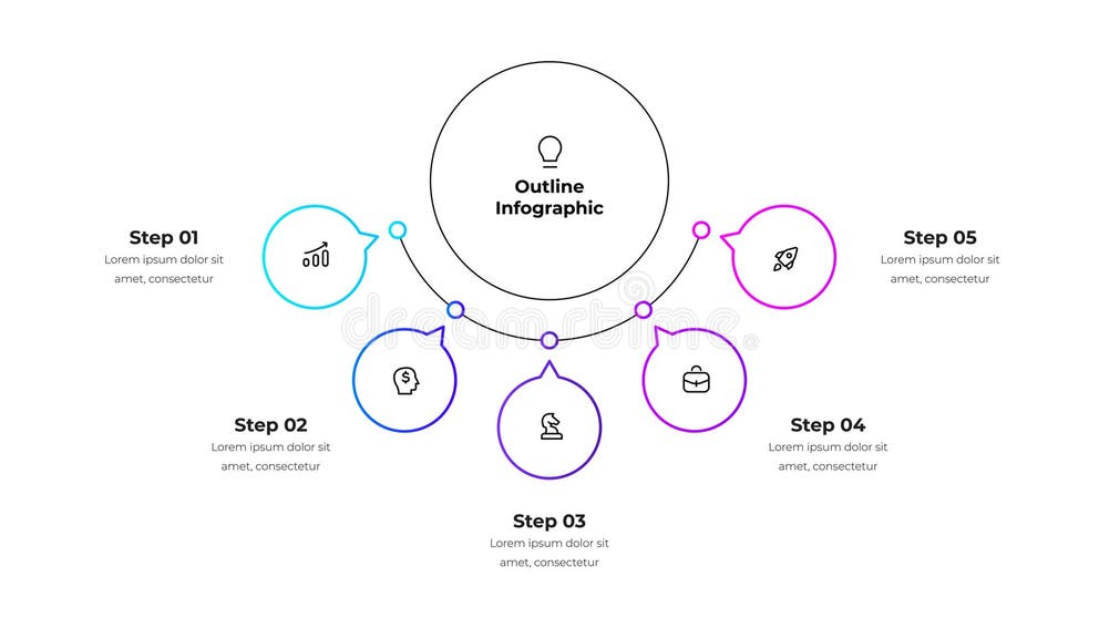 Line Organization Chart with Five Options, Steps or Processes. Center ...