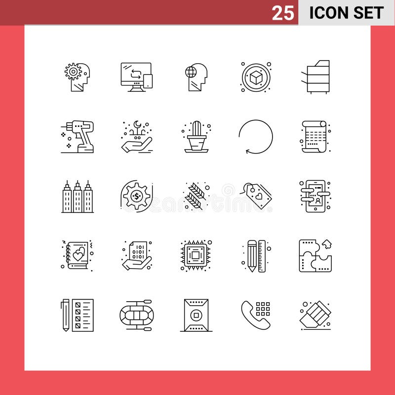 Line Pack of 25 Universal Symbols of Cube, Think, Mobile, Mind, Globe ...