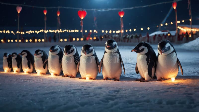 Romantic Penguin Couple at Night with Lights Stock Illustration ...