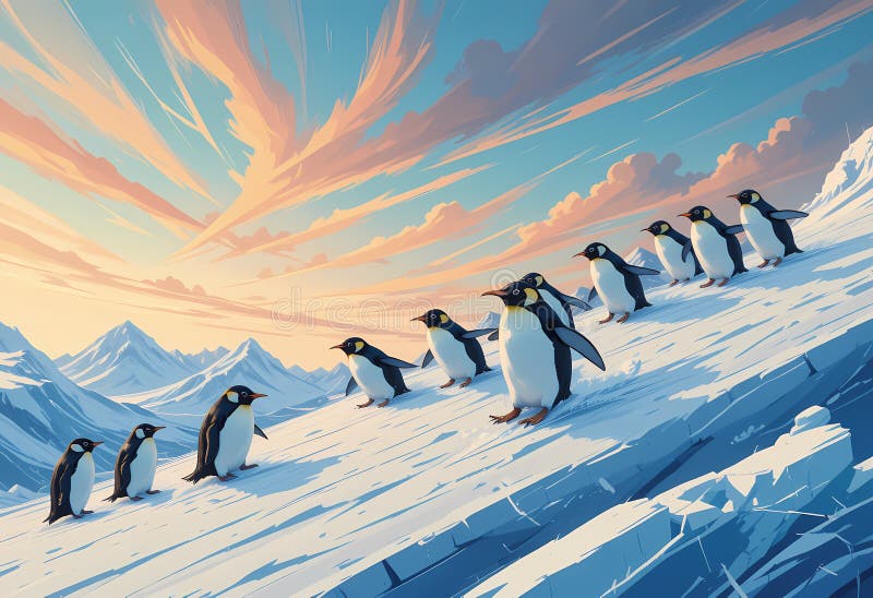 Line of Penguins Walking on a Snowy Cliff at Sunrise Stock Illustration ...