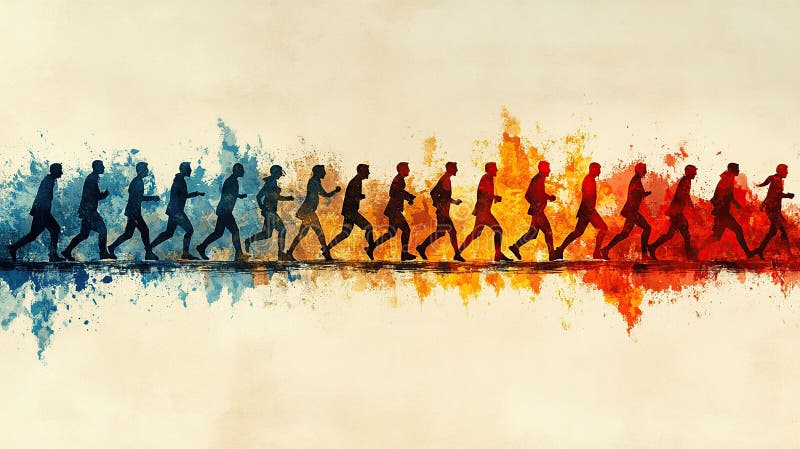 A Line of People Running, Transitioning from Cool To Warm Colors Stock ...