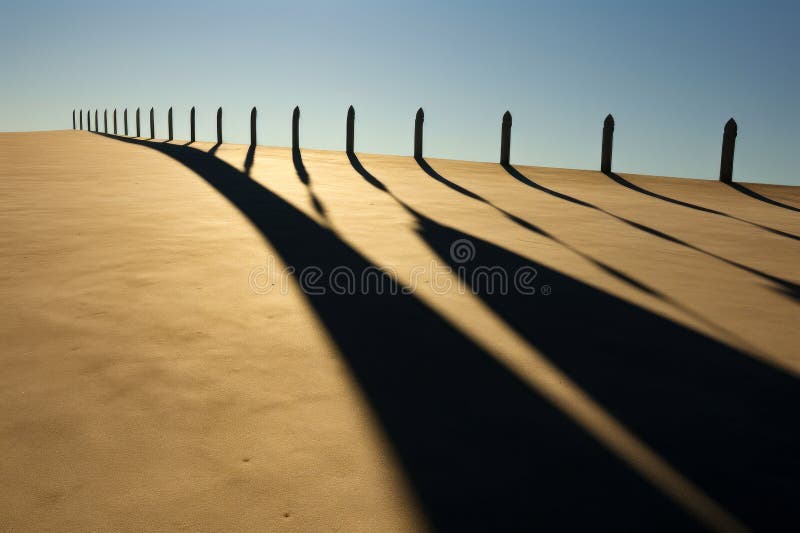 Line of Poles Casting Long Shadows on Sandy Beach. Generative AI Stock ...