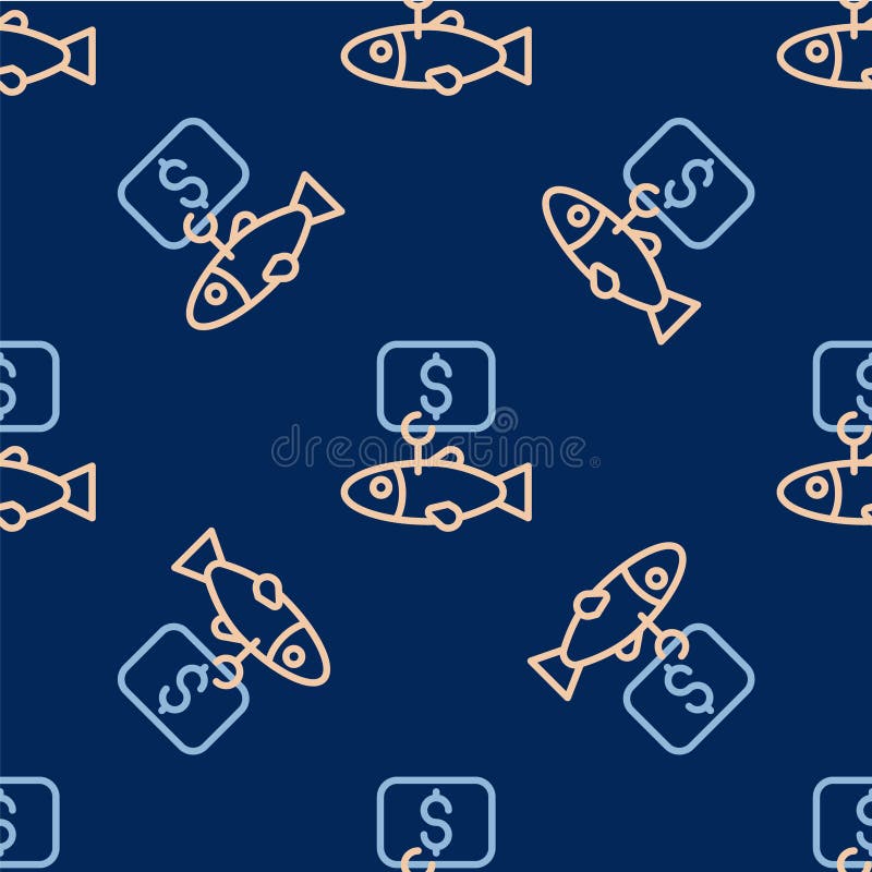 Line Price Tag for Fish Icon Isolated Seamless Pattern on Blue ...