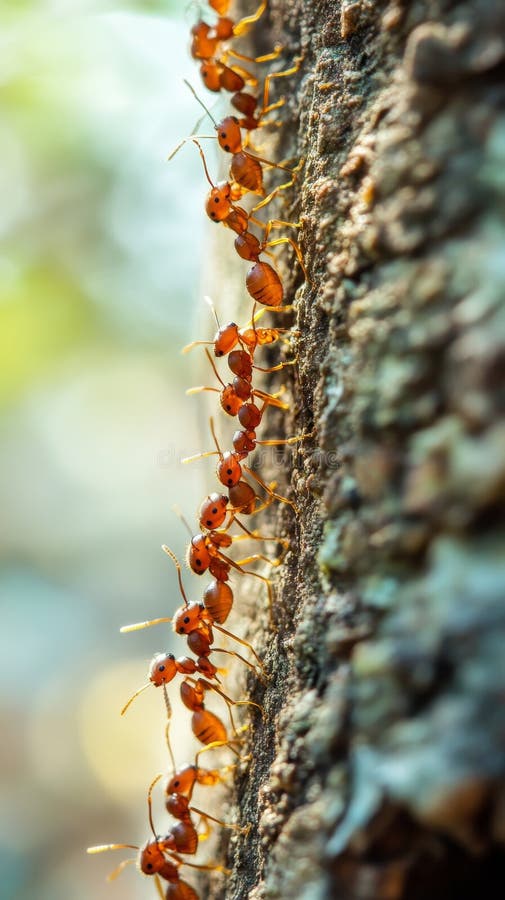 A Line of Red Ants Climbs Along the Rough Surface of a Tree Trunk ...