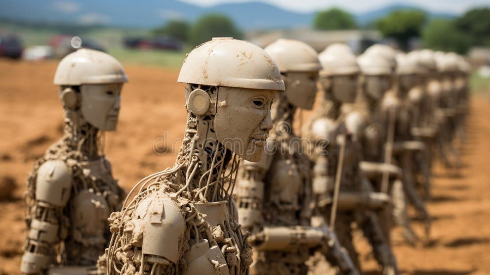 A Line of Robotic Figures Stand in a Field, Their Faces Turned in the ...