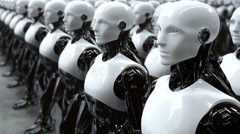 A Line of Robots Stand in a Row Ready for Action Stock Illustration ...
