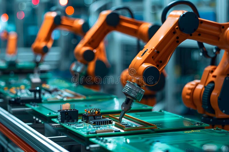 Line of Robots are Working on a Circuit Board Generated by AI Stock ...