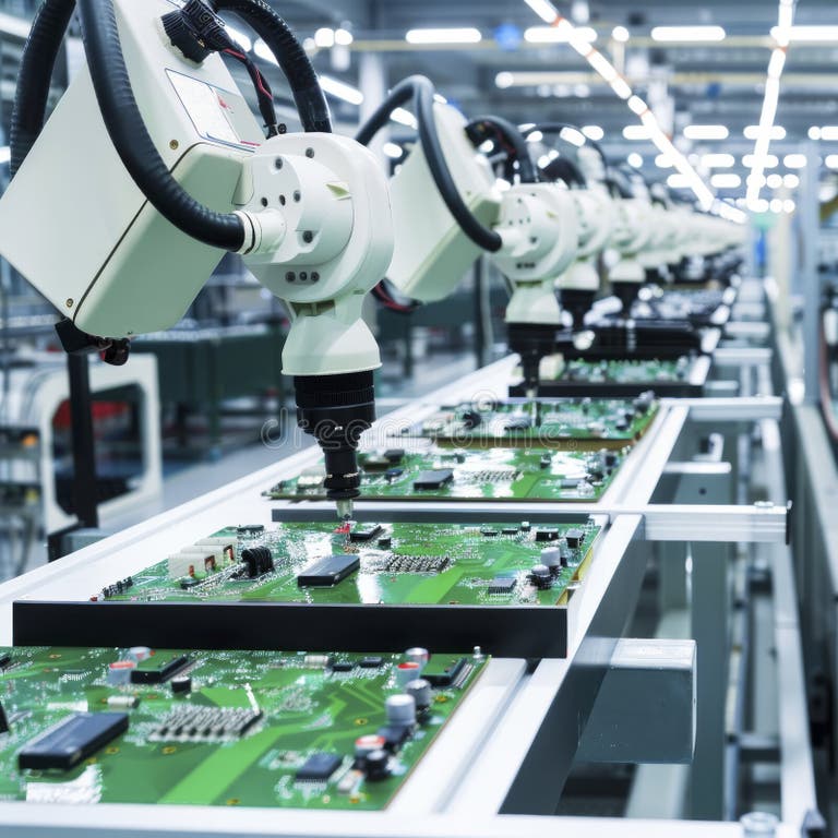 A Line of Robots are Working on a Line of Computer Chips Stock Photo ...
