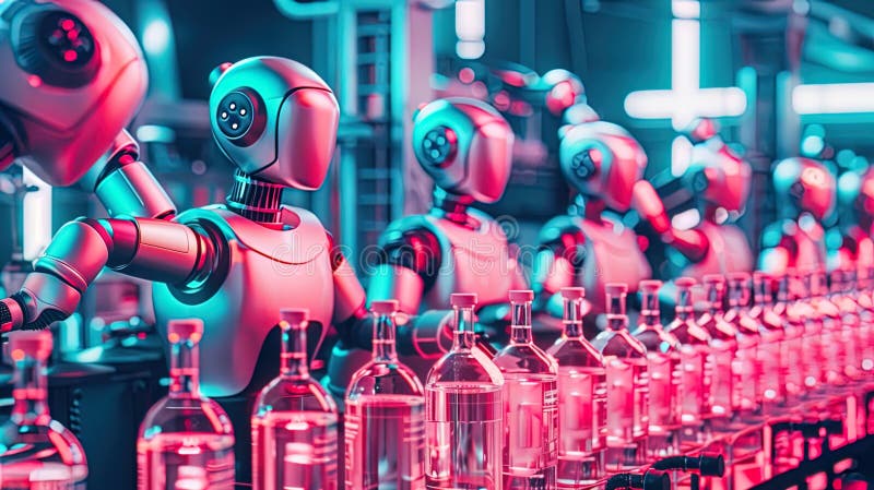 A Line of Robots are Working on a Production Line Stock Illustration ...