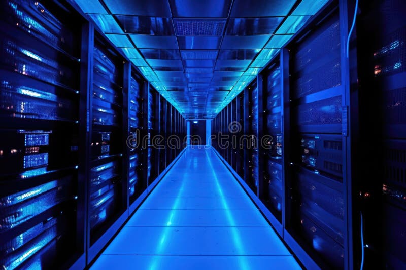 Line of Servers in a Dark Data Center Illuminated in Blue Stock ...