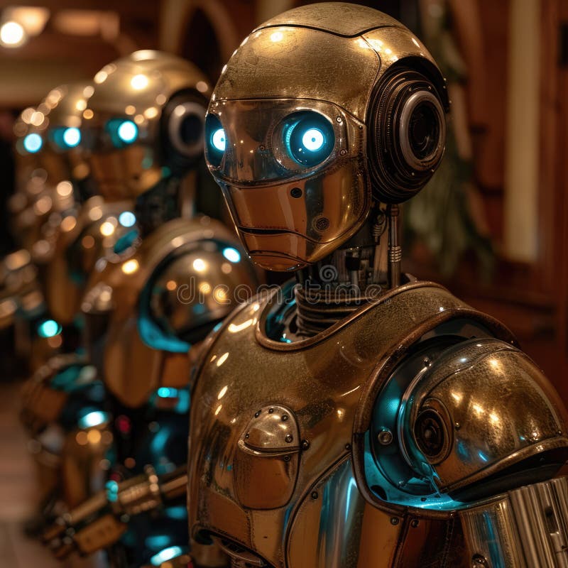 A Line of Shimmering Gold Robots Equipped with Striking Blue Eyes Stock ...
