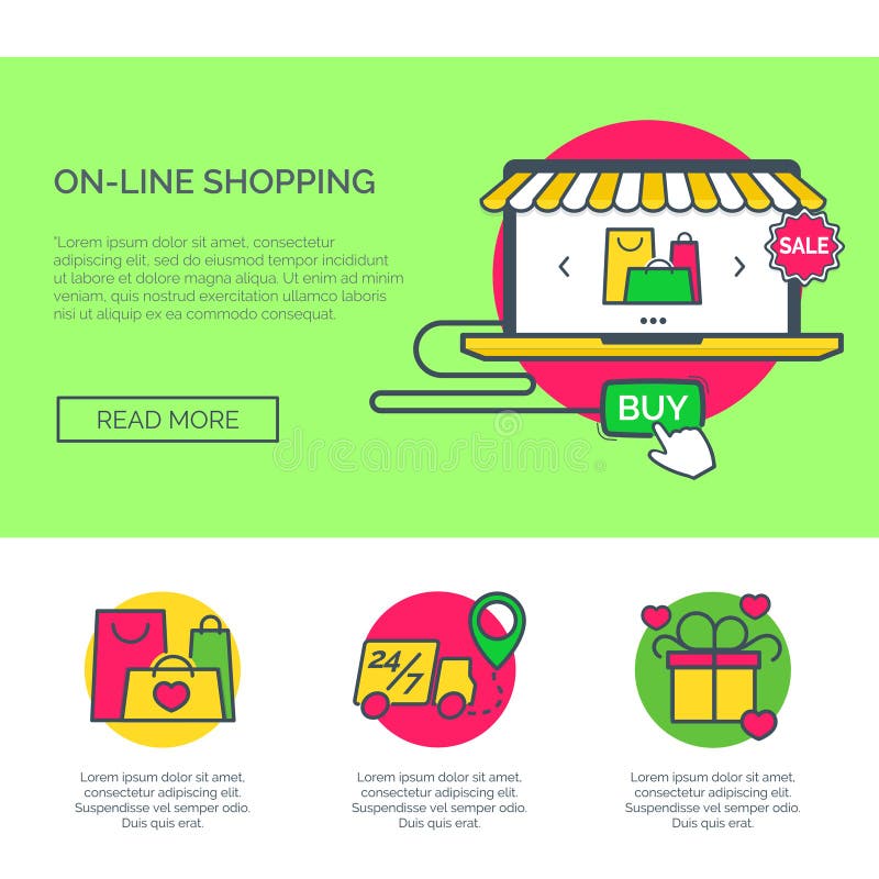 On-line Shopping Concept Web Site Header with Flat Thin Line Icon ...