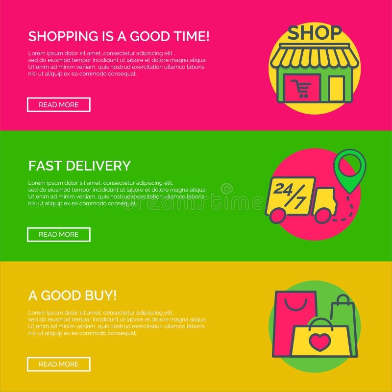 On-line Shopping Concept Website Banner Set with Flat Thin Line Icons ...