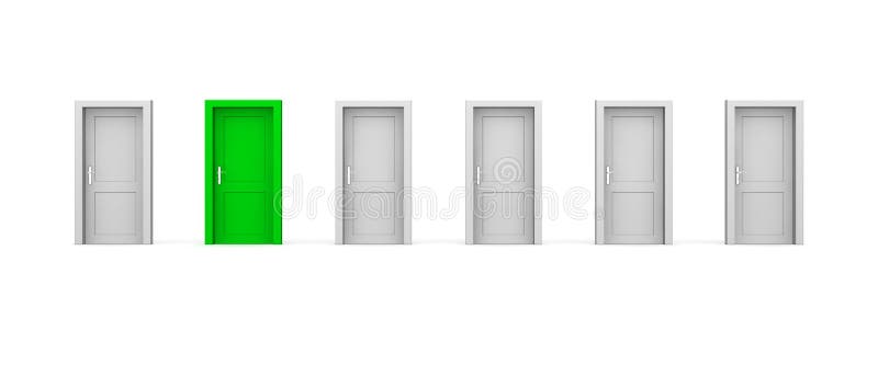 Line of Six Doors - One Green Stock Illustration - Illustration of ...