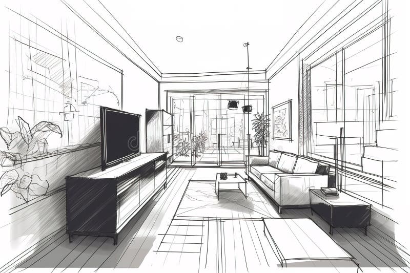 Line Sketch of the Interior Living Room. Generative AI Stock ...