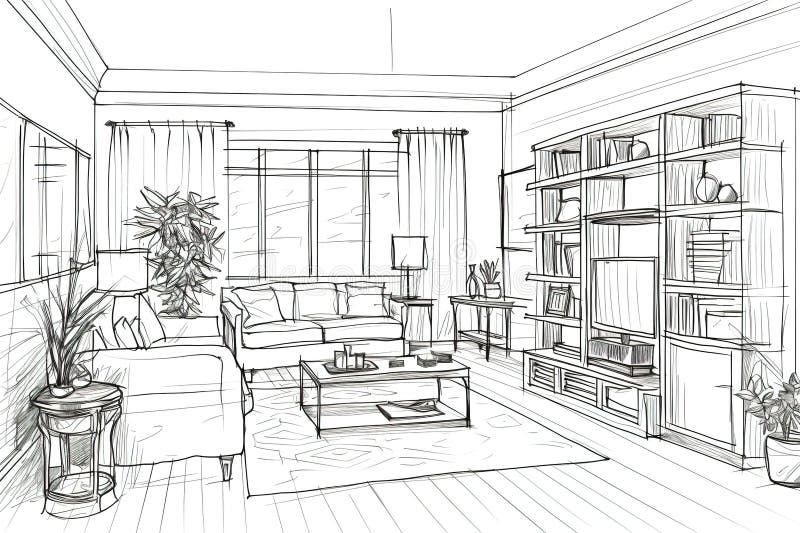 Line Sketch of the Interior Living Room. Generative AI Stock ...