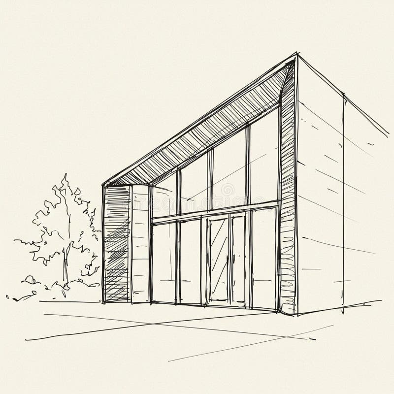 Line Sketch of a Modern Building Featuring Large Glass Doors and ...