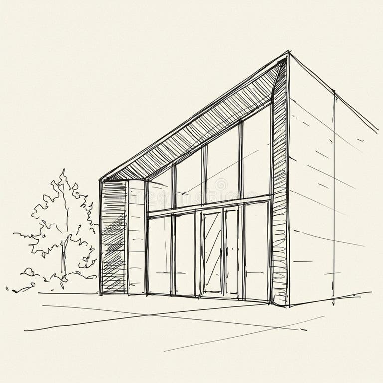 Line Sketch of a Modern Building Featuring Large Glass Doors and ...