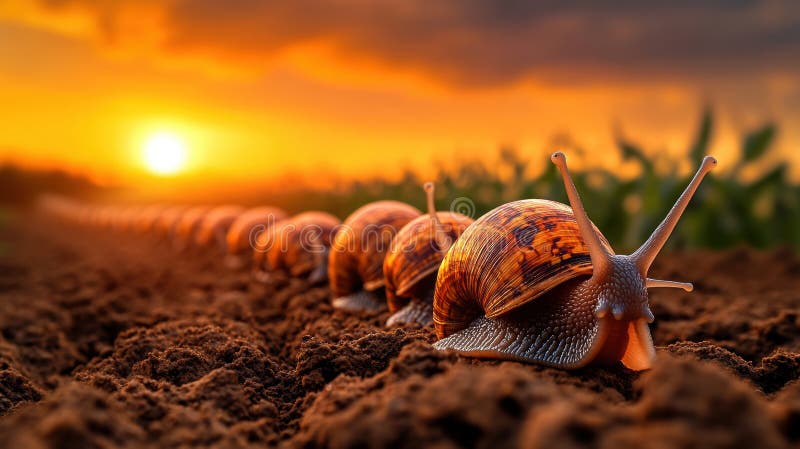A Line of Snails Crawling Across a Field at Sunset, AI Stock Photo ...