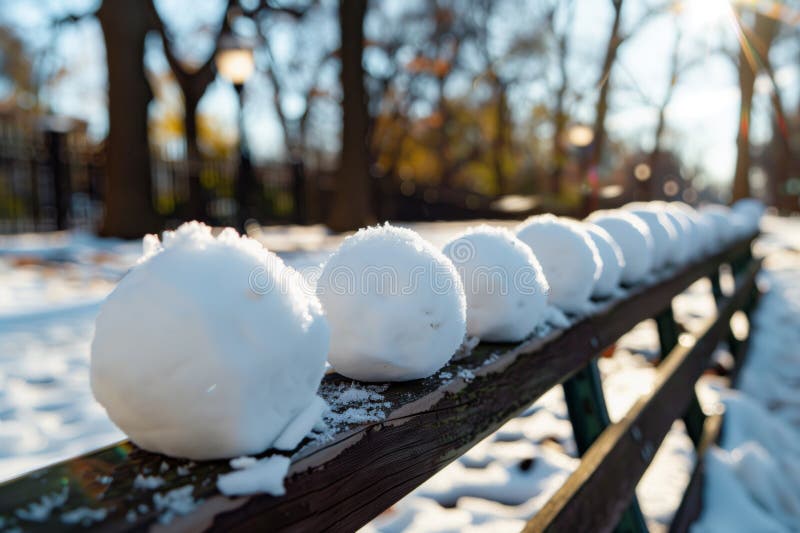 Line of Snowballs on Park Bench, Ready for Use Stock Image - Image of ...