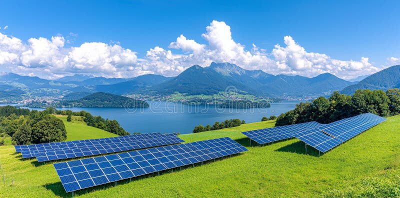 A Line of Solar Panels in a Bright Field, Representing Renewable Energy ...