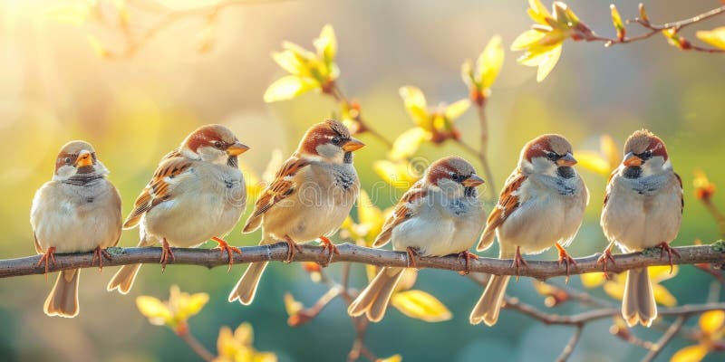 Sparrows Perched on Rice Plants in the Middle of the Rice Fields. Stock ...