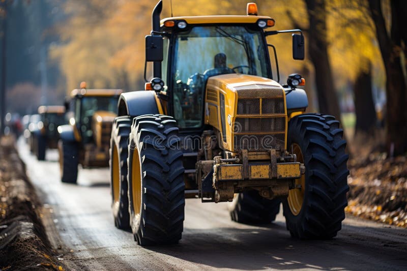 Line of Stationary Yellow Tractors Each Patiently Sitting and Ready for ...