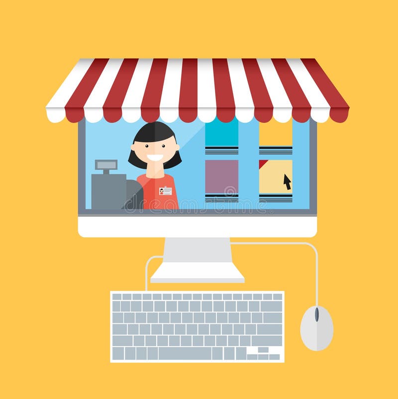 On Line Store. Monitor with Seller Stock Vector - Illustration of ...