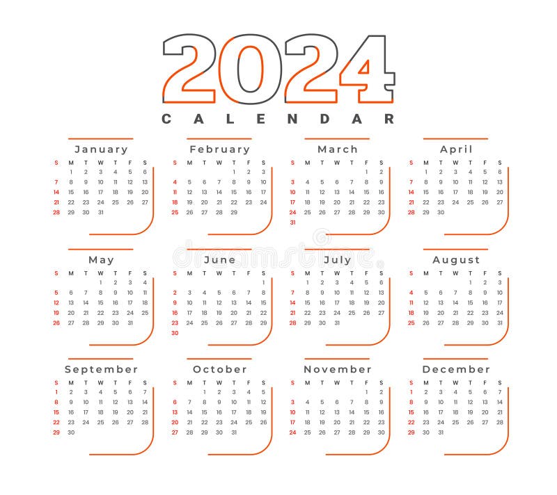 Line Style 2024 Full Page Calendar Template with Months and Dates ...