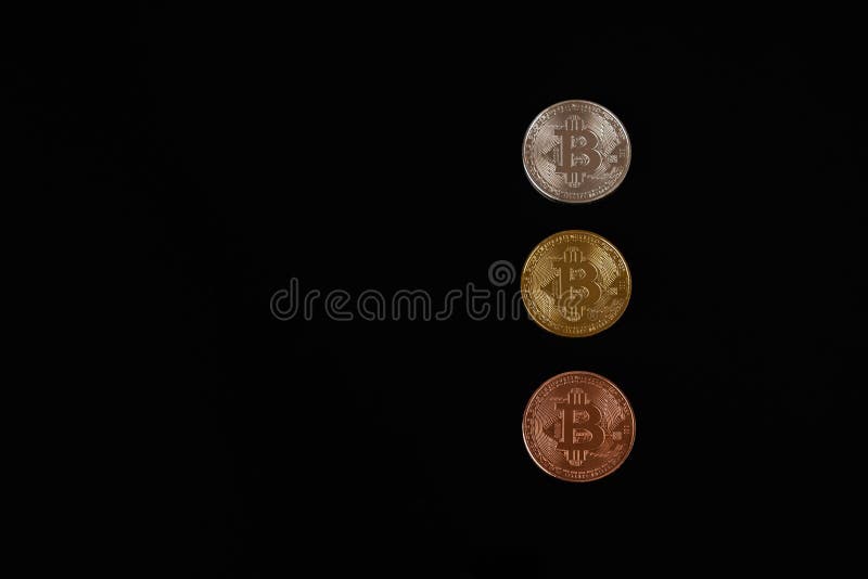 Line of Three Bitcoin Coins Isolated on Black Background with Copyspace ...