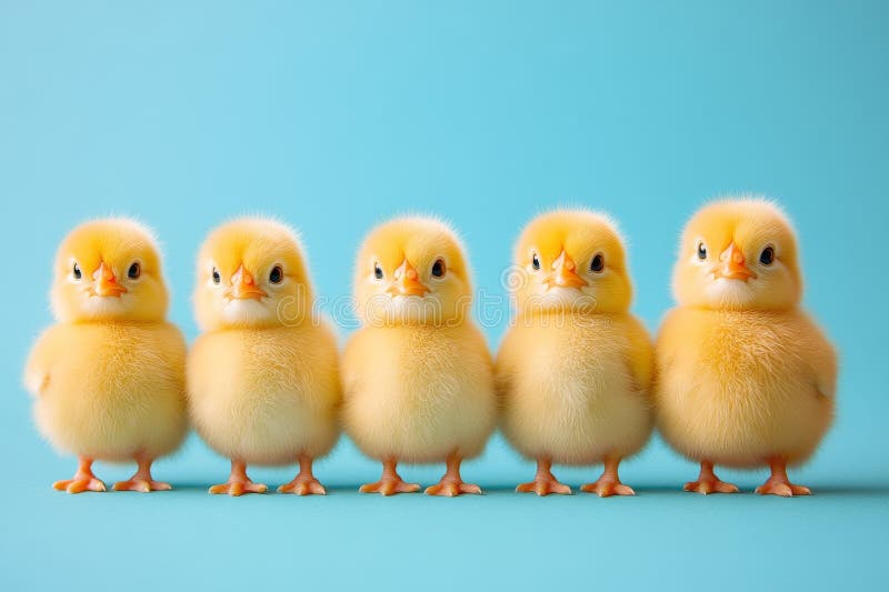 A Line of Tiny Decorative Easter Chicks Set Against a Blue Backdrop ...