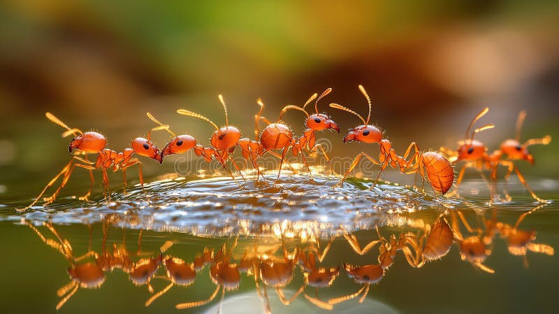 A Line of Tiny Red Ants Walking Across a Glistening Water Surface Stock ...