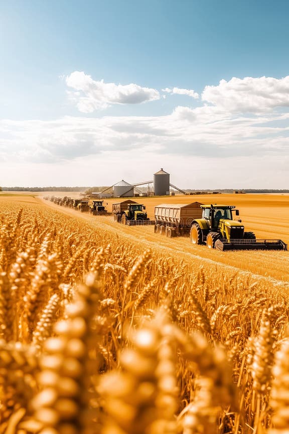 A Line of Tractors, Each Pulling Grain Trailers, Moves Steadily through ...