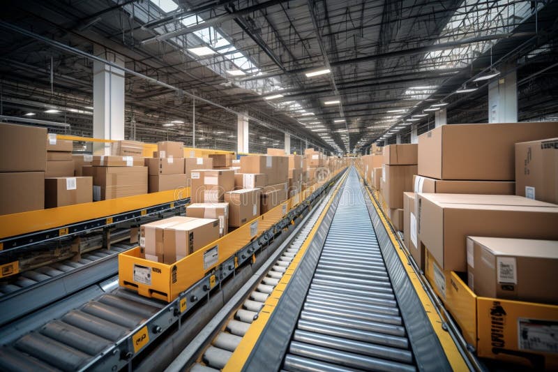 Line for Transporting Goods in a Warehouse. Large Mail Warehouse with ...