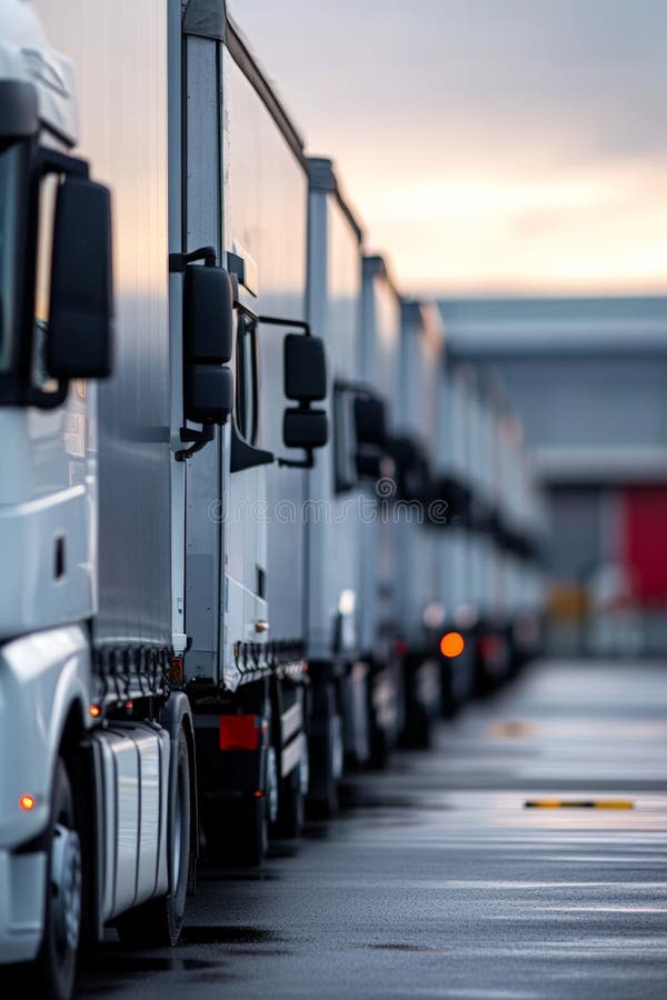 A Line of Trucks Waits in Front of a Modern Warehouse, Prepared for ...