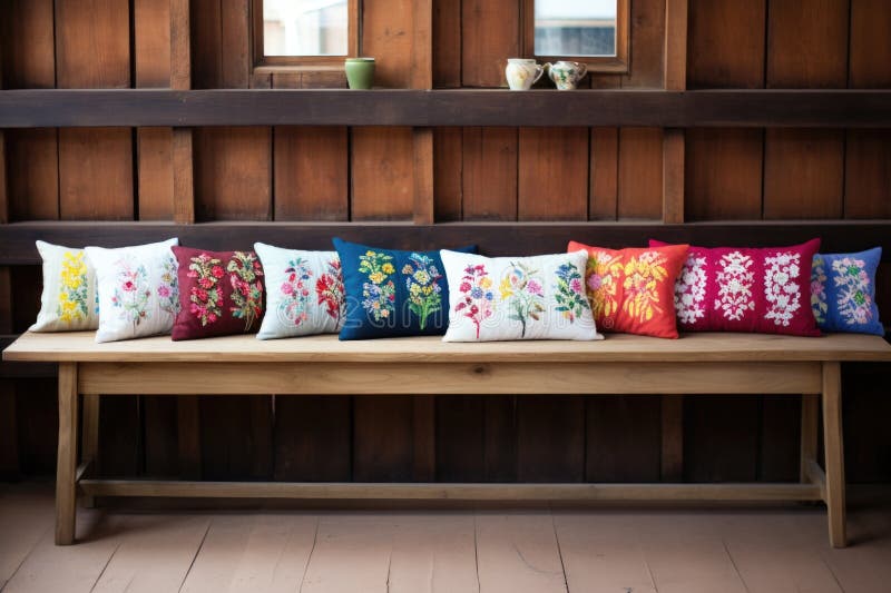 A Line-up of Embroidered Pillows on a Wooden Bench Stock Illustration ...
