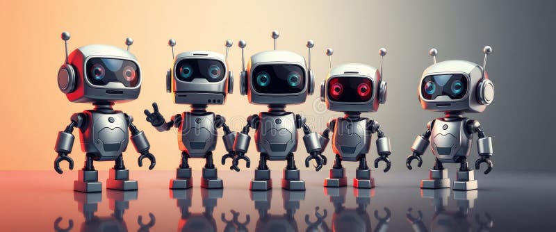 A Line-up of Five Small, Reflective Silver Robots with Different ...