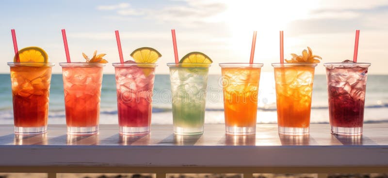 Line Up of Iced Drinks with Straws in Small Cups Stock Image - Image of ...