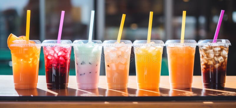 Line Up of Iced Drinks with Straws in Small Cups Stock Photo - Image of ...