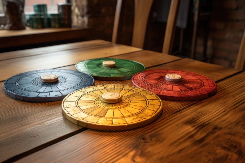 A Line-up of Tejo Discs on a Wooden Table, Ready for a Game Stock Image ...