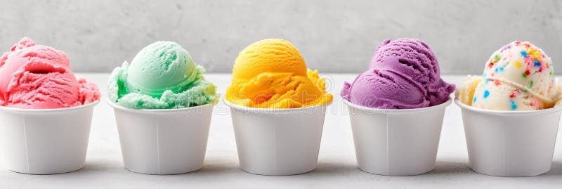 Line of Various Flavored Ice Creams in White Cups. Stock Image - Image ...
