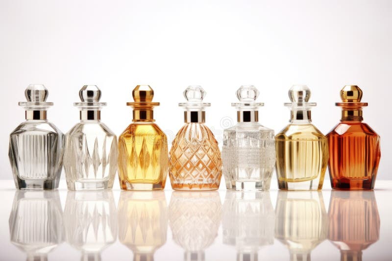 Line of Various Perfume Bottles Against a Neutral Backdrop Stock Image ...