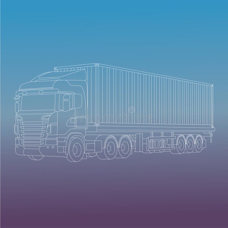 Left Side View Line Vector Drawing of Container Truck. Cargo Courier ...