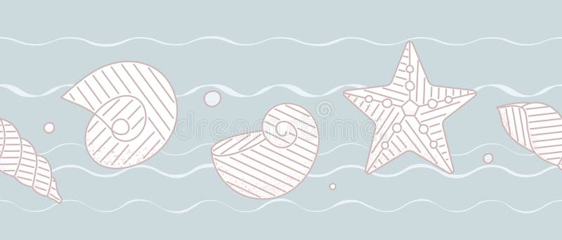 Line Vector Seamless Pattern of Line with Seashells, Seastars. Marine ...