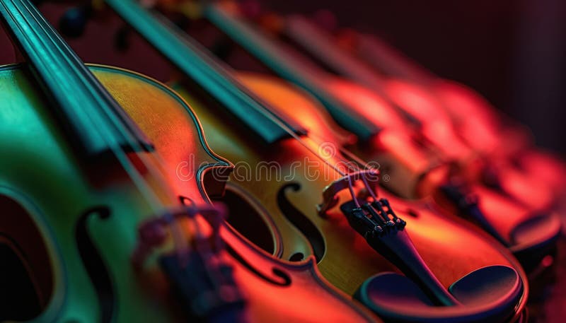 Line of Violins Illuminated with Vibrant Red, Teal Lighting. Classical ...