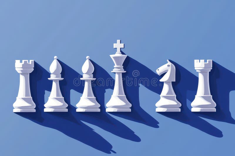 A Line of White Chess Pieces Casting Shadows on a Blue Background ...