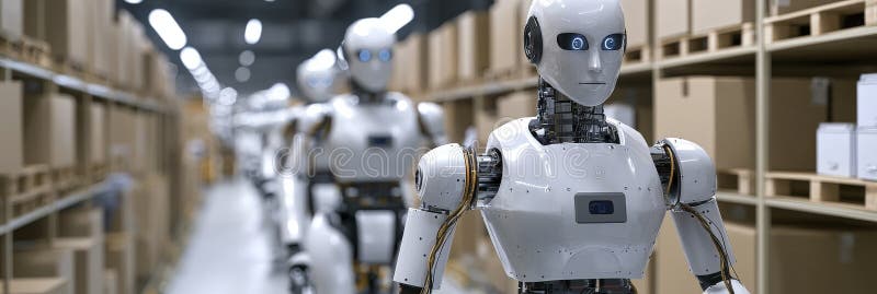 Line of White Robots in Factory Setting with Boxes Stock Illustration ...
